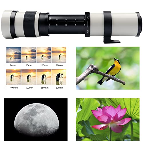Lightdow 420-800mm f/8.3 Manual Zoom Super Telephoto Lens + T Mount Ring for Nikon D3500 D5600 D7500 D500 D600 D700 D750 D800 D850 D3200 D3400 D5100 D5200 D5300 D7000 D7200 Camera (White Version)