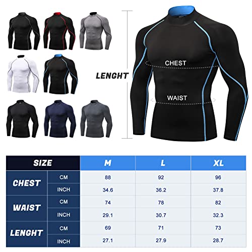 Odoland 3 Pack Mens Long Sleeve Compression Shirts, Mock Turtleneck Shirts, Active Workout Cool Dry Athletic Base Layer Top, Black+Grey/Black+Blue/Black+Red, L