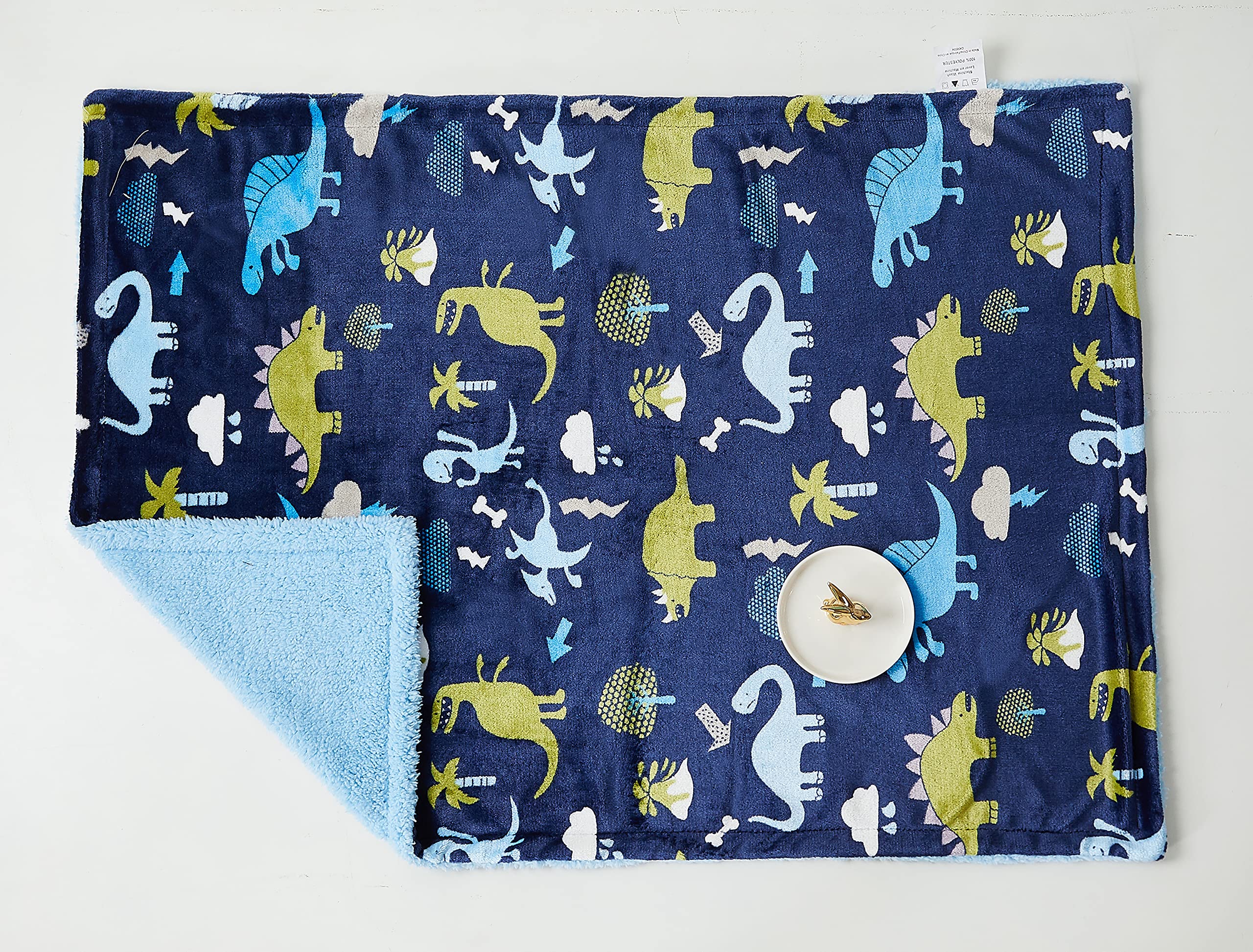 Marina Decoration Reversible Rich Printed Woven Fluffy Plush Soft Warm Flannel Fleece Sherpa Kids Children Blanket, 30 x 40 Inch Green Blue Color Dinosaur Zoo with Navy Blue Base Pattern