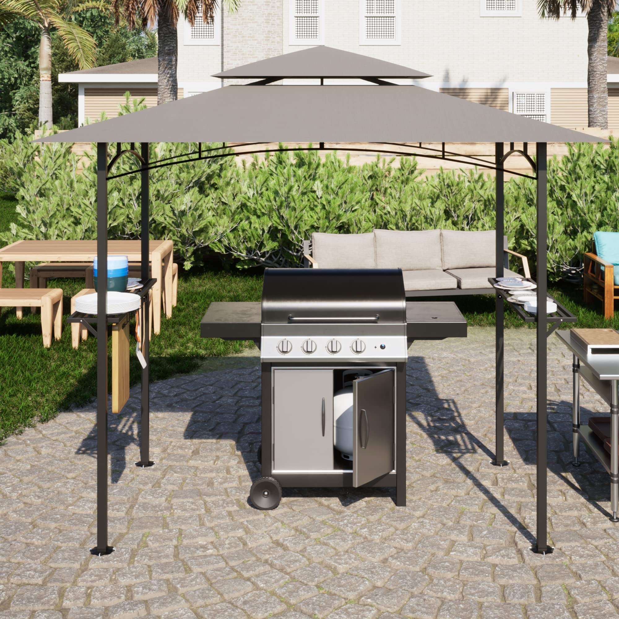 Lots MiL 8 x 5 FT Grill Pergola Tent with Air Vent Double Tiered BBQ Gazebo Outdoor Barbecue Canopy