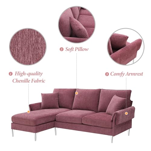 WIIS' IDEA Convertible Sectional Sofa Couch,Modern Chenille L-Shaped Sofa Couch with Reversible Chaise Lounge,2 Pillows,Fit for Living Room,Apartment(Pink)