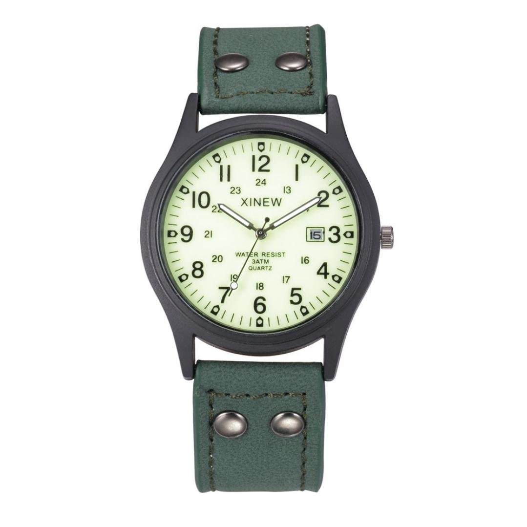IEason,Vintage Classic Men's Waterproof Date Leather Strap Sport Quartz Army Watch (Light Green)