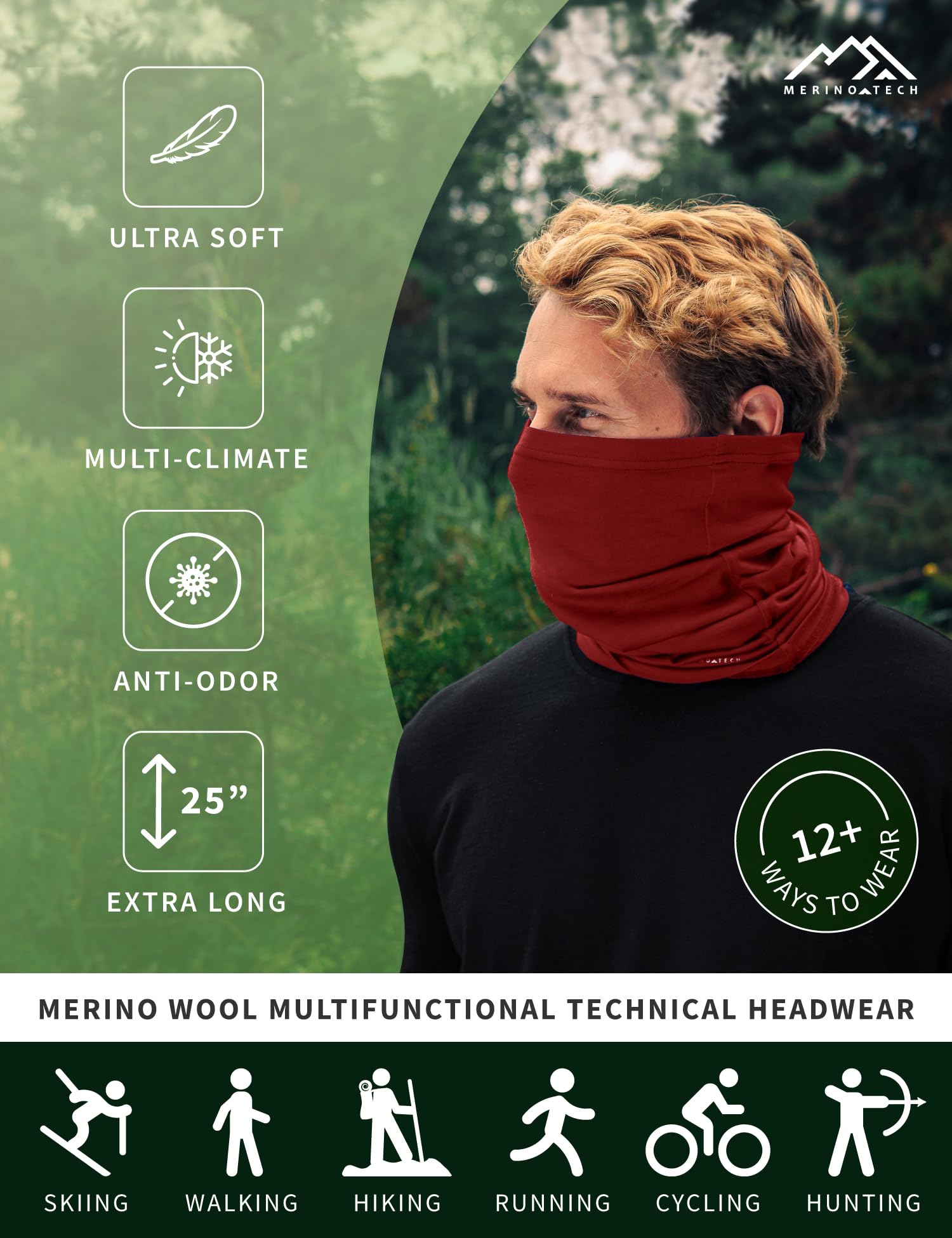 Merino.tech Merino Wool Ski Neck Gaiter - Face Mask Neck Warmer for Men & Women (Forest Green)