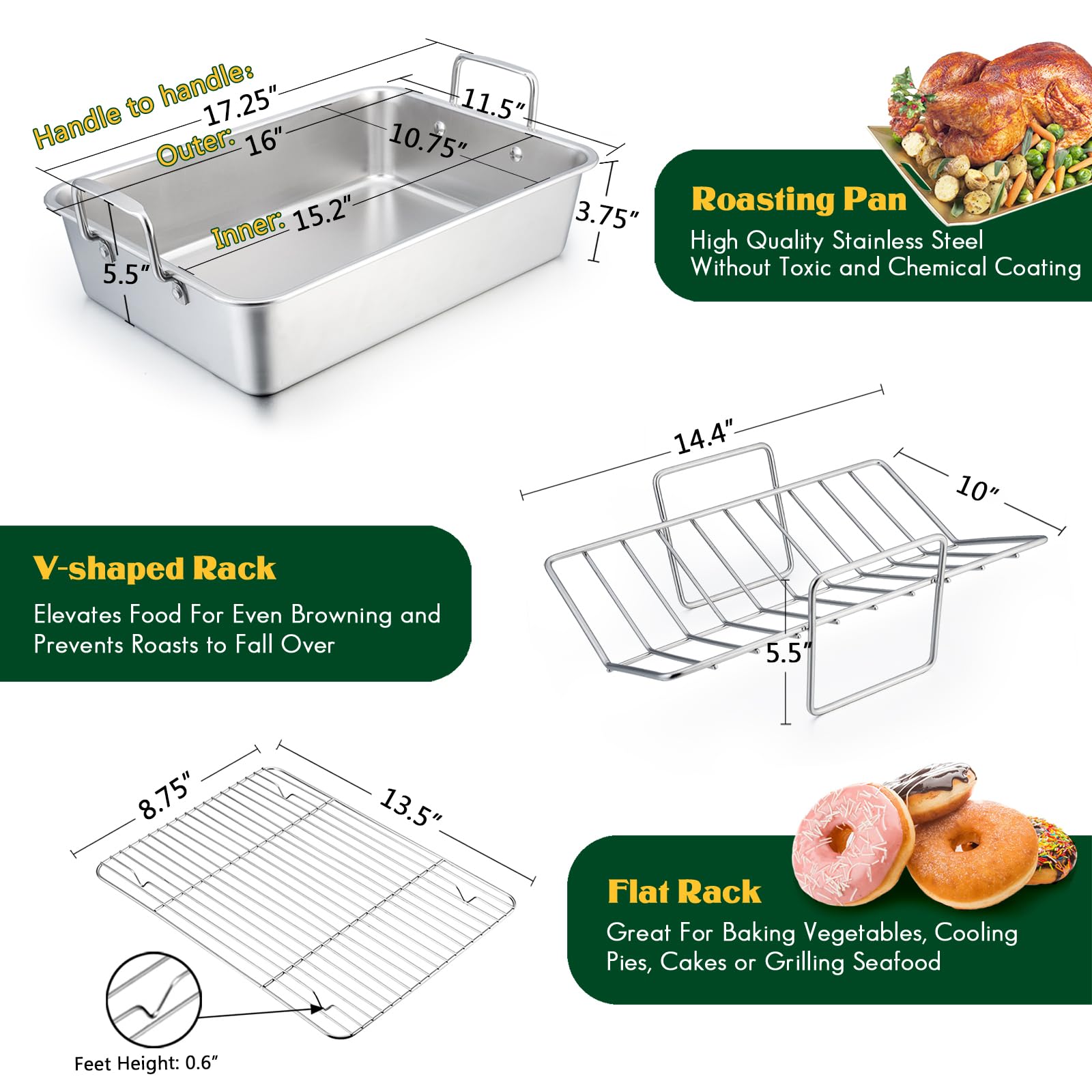 Roasting Pan, E-far 16 x 11.5 Inch Stainless steel Turkey Roaster with Rack - Deep Broiling Pan & V-shaped Rack & Flat Rack, Non-toxic & Heavy Duty, Easy Clean & Dishwasher Safe - Large