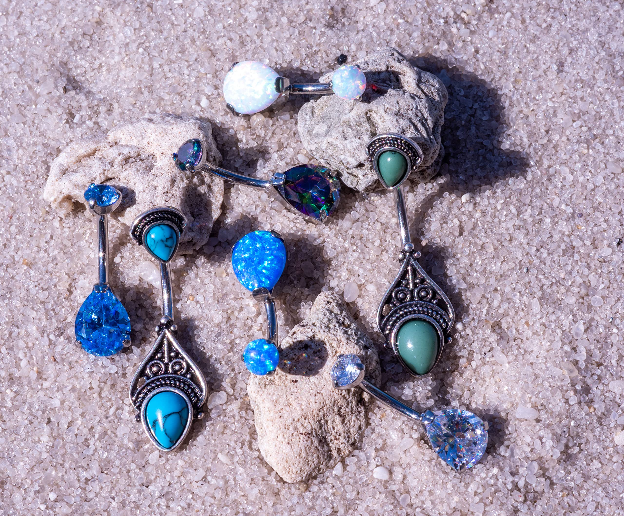 MoBody 14G Vintage Filigree with Semi Precious Stone Belly Button Ring Surgical Steel Curved Navel Barbell Body Piercing Jewelry (2 Pack Turquoise)