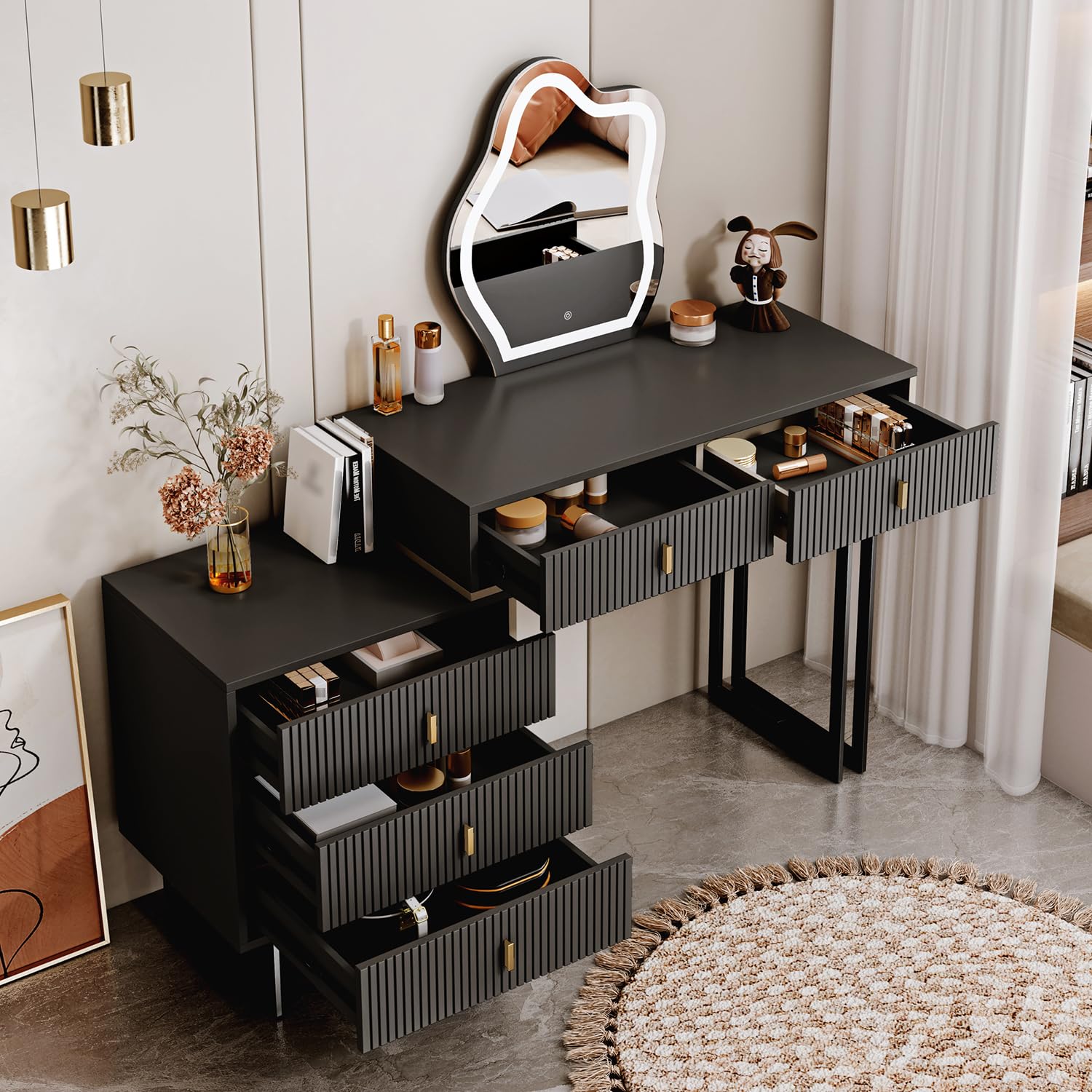 Ieejdn Cream, Vanity Desk with 3 Color Touch Screen Dimming Mirror, Modern Retractable Makeup Dressing Table with Adjustable Cabinet and 2 Sliding Drawers, Vanity Table