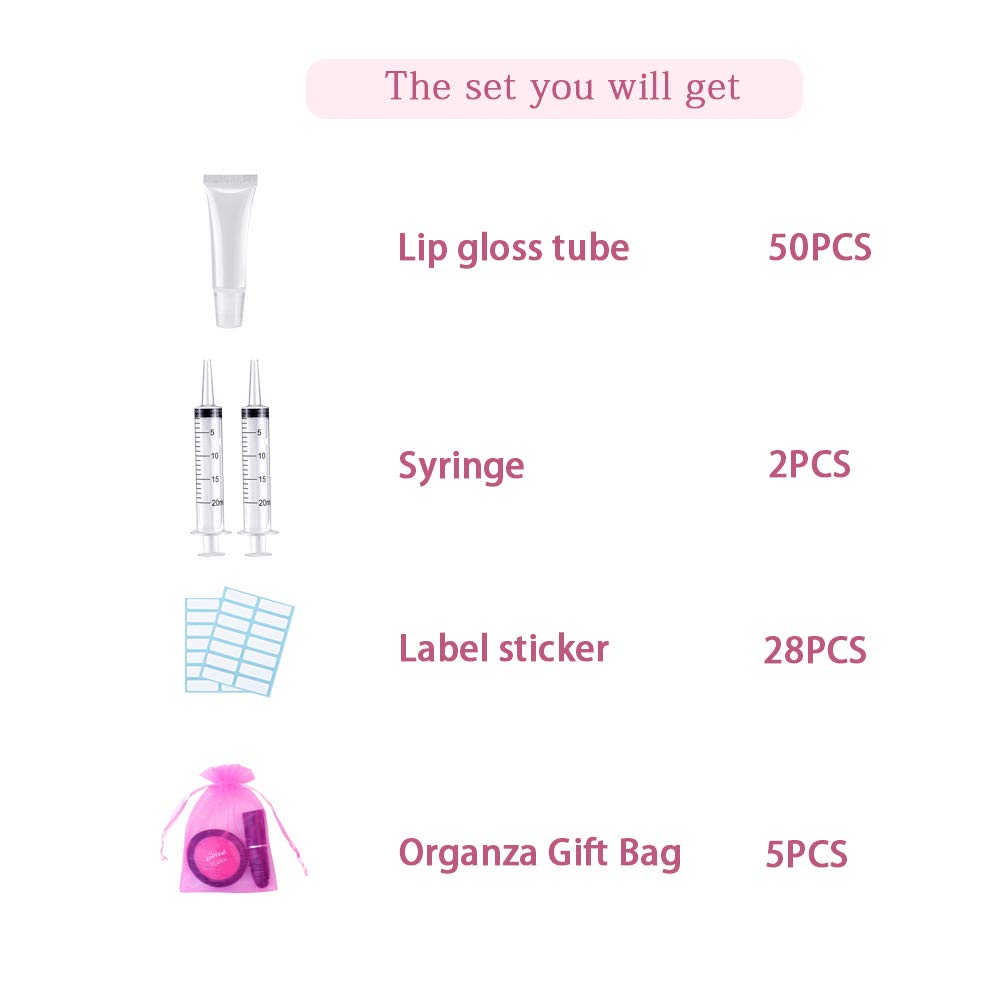lip gloss tubes 50PCS 10ml Clear Empty Lip Balm Containers refillable soft cosmetic tubes for DIY lip gloss/travel toiletries with 2 20ml syringes