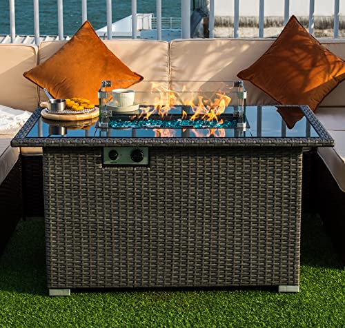Propane Fire Pit Table, 44" Auto-Ignition Firepit Table for Outside, 50,000 BTU Outdoor Rattan & Wicker Gas Fire Table with Glass Wind Guard for Patio, Pool, Backyard, ETL Certification (Grey)