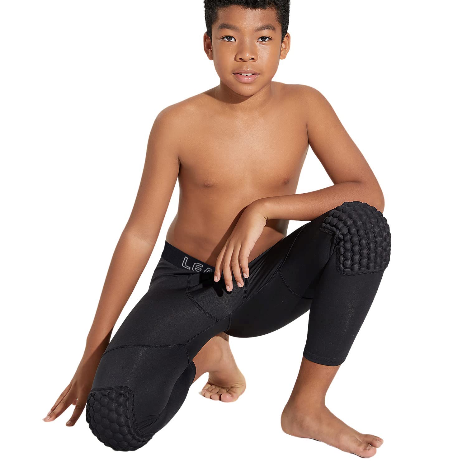 LEAO Youth Boys 3/4 Basketball Compression Pants with Knee Pads Qucik Dry Capri Compression Leggings Sports Tights Black Medium