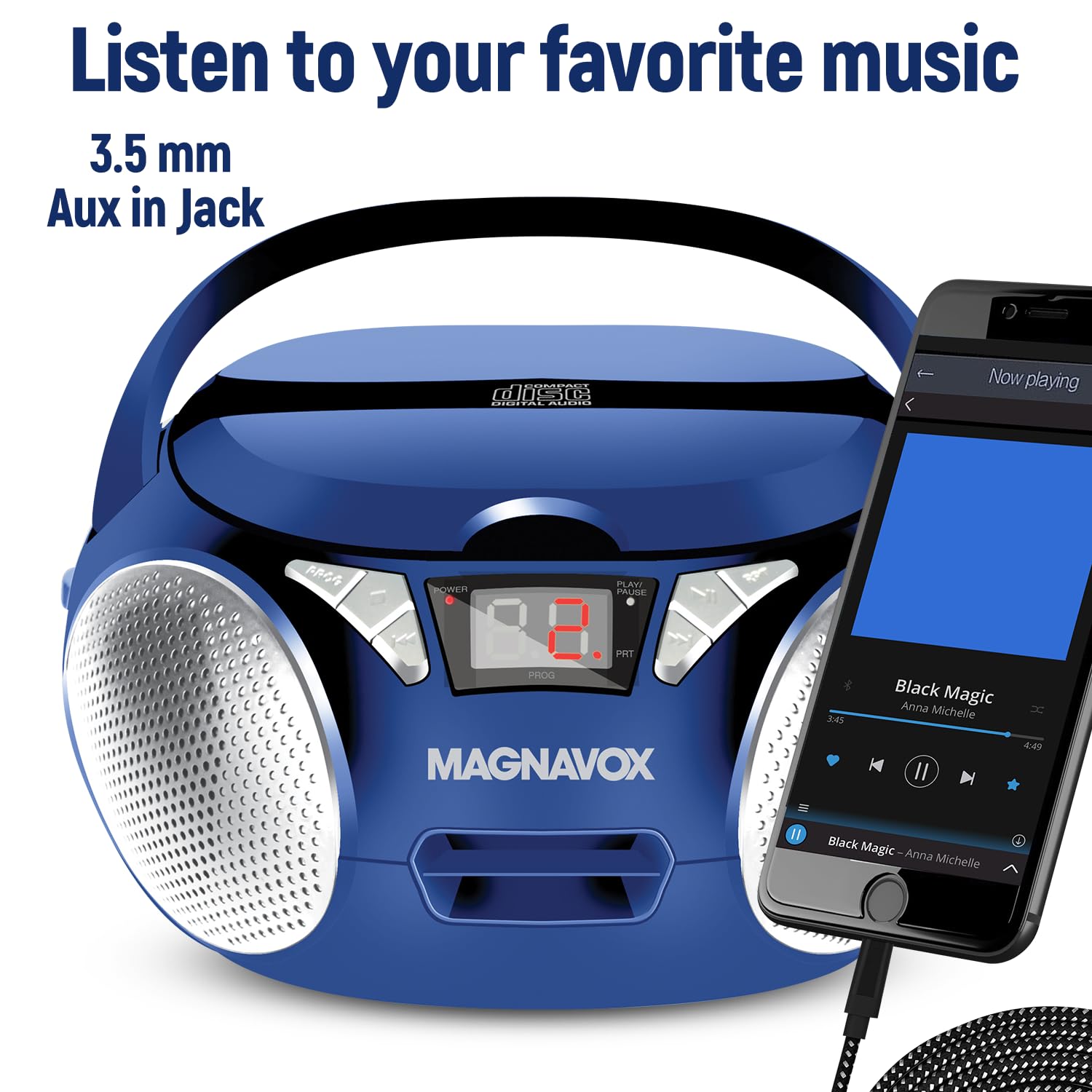 Magnavox MD6924 Portable Top Loading CD Boombox with AM/FM Stereo Radio in Black | CD-R/CD-RW Compatible | LED Display | AUX Port Supported | Programmable CD Player | (Blue)