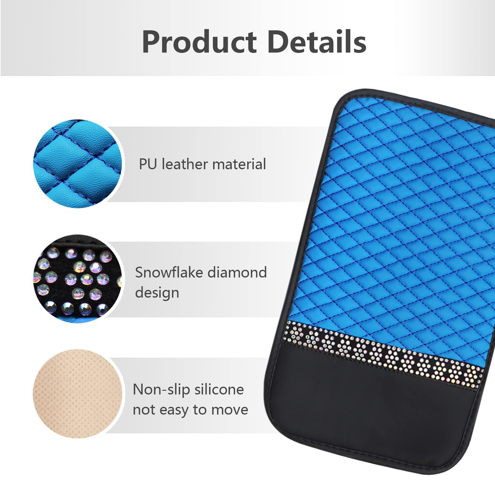 jeseny Pack-1 Car Auto Armrest Cover Pad, Car Central Armrest Case Cover with Glossy Crystal Rhinestone, Universal Car Armrest Cushion Protector (Blue)