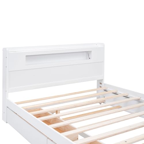 WOODRK Queen Size Storage Platform Bed Frame with Multifunctional Headboard with LED and Storage Shelves, Modern Wooden Beds with 2 Drawers and 1 Twin Size Trundle, for Bedroom, Easy Assembly, White