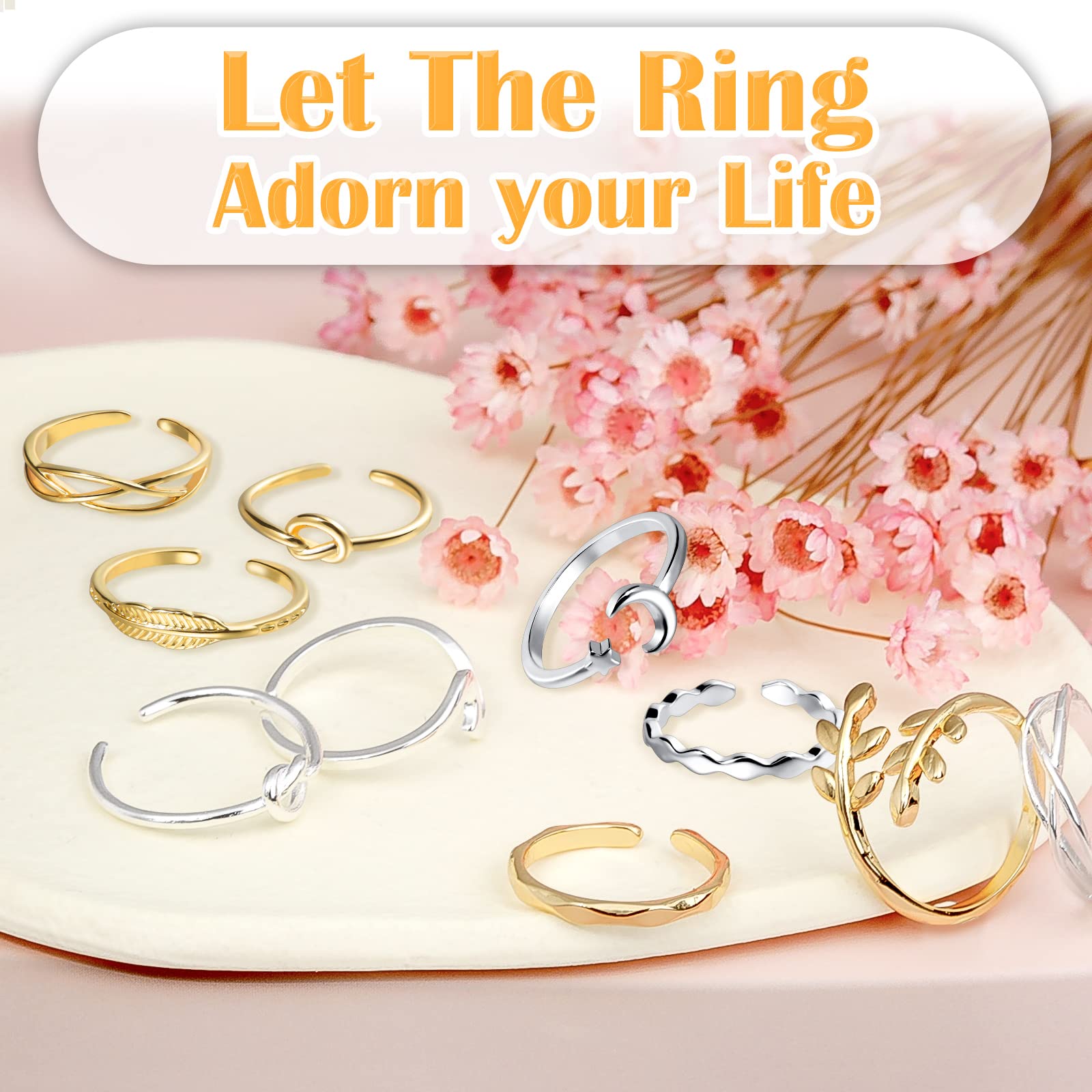 Modacraft 24Pcs Knuckle Stacking Rings for Women Teen Girls, 14K Silver Gold Plated Adjustable Stackable Rings Arrow Knot Wave Rings Thumb Midi Finger Rings Pack