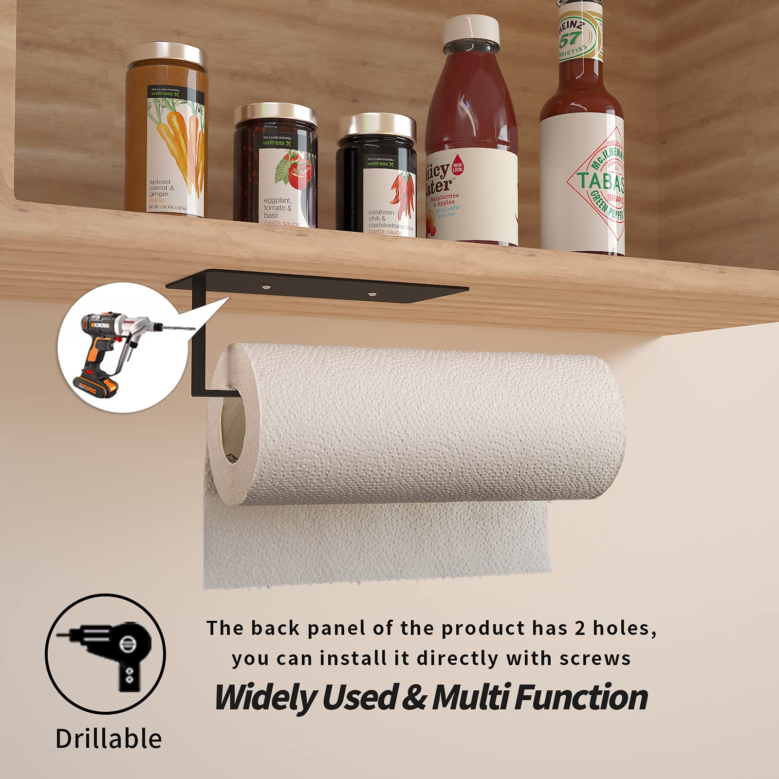 Magnetic Paper Towel Holder for Refrigerator, Kitchen Towel Rack Magnetic Towel Bar Multi Function Made of Iron,Used for Kitchen,Bathroom,No Drilling (Black, 1 Pack)