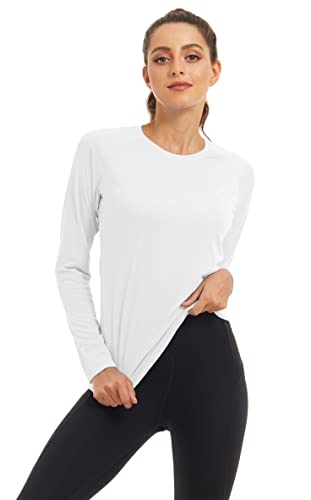 MAGCOMSEN Women's Long Sleeve Rash Guard Shirt - UV Protection, Hiking, Running, Fishing - White