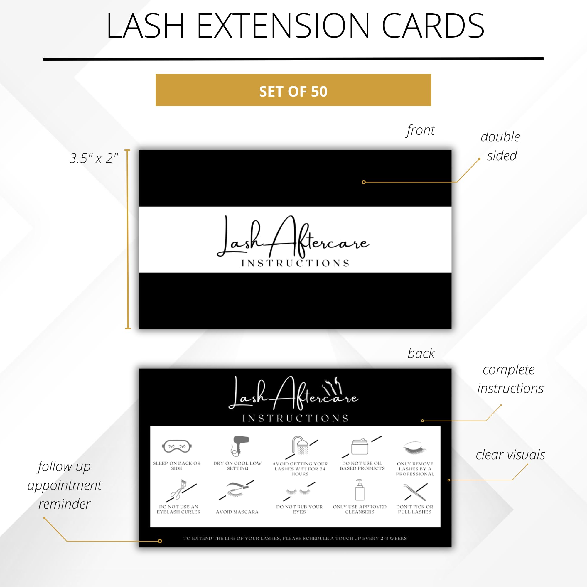 Lash Aftercare Card - 50 Aftercare Lash Extensions Card | Eyelash Extension Aftercare Client Cards 3.5" x 2" | Lash Care Lash Extension Aftercare Instruction Card