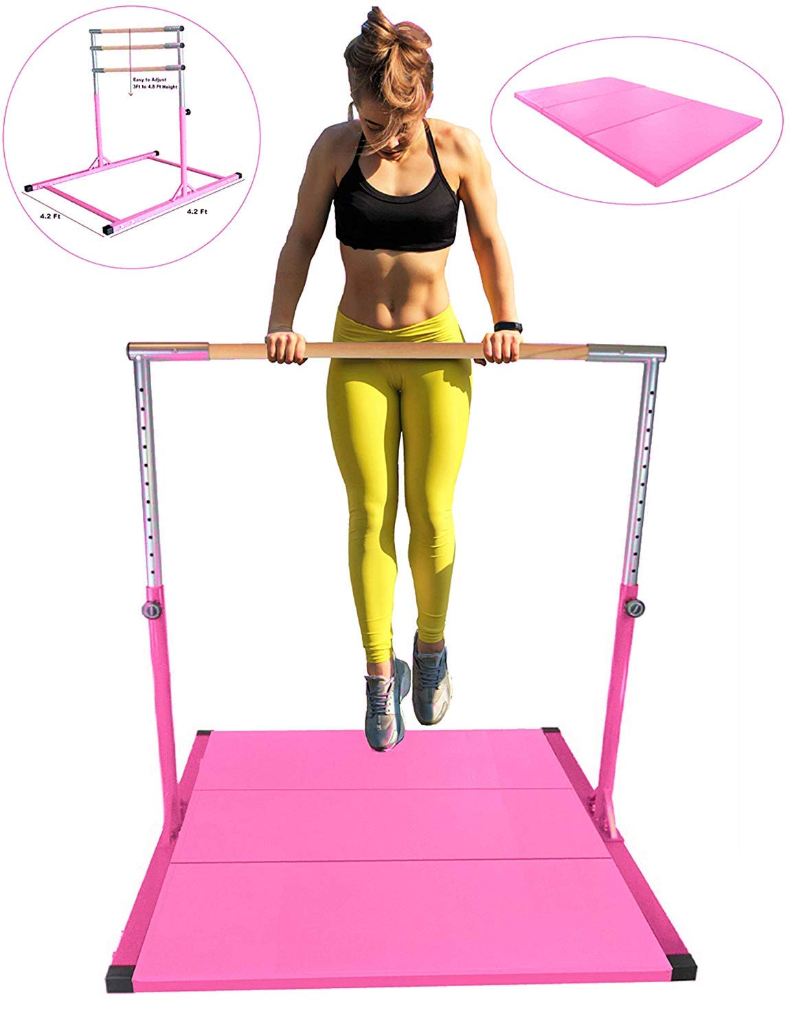 Kids Expandable Kip Bar with Tumble Mat Professional Horizontal Gymnastics Asymmetric Bar 4x6 FT Mat Jungle Gym Height Adjustable 3 to 5 FT Pink