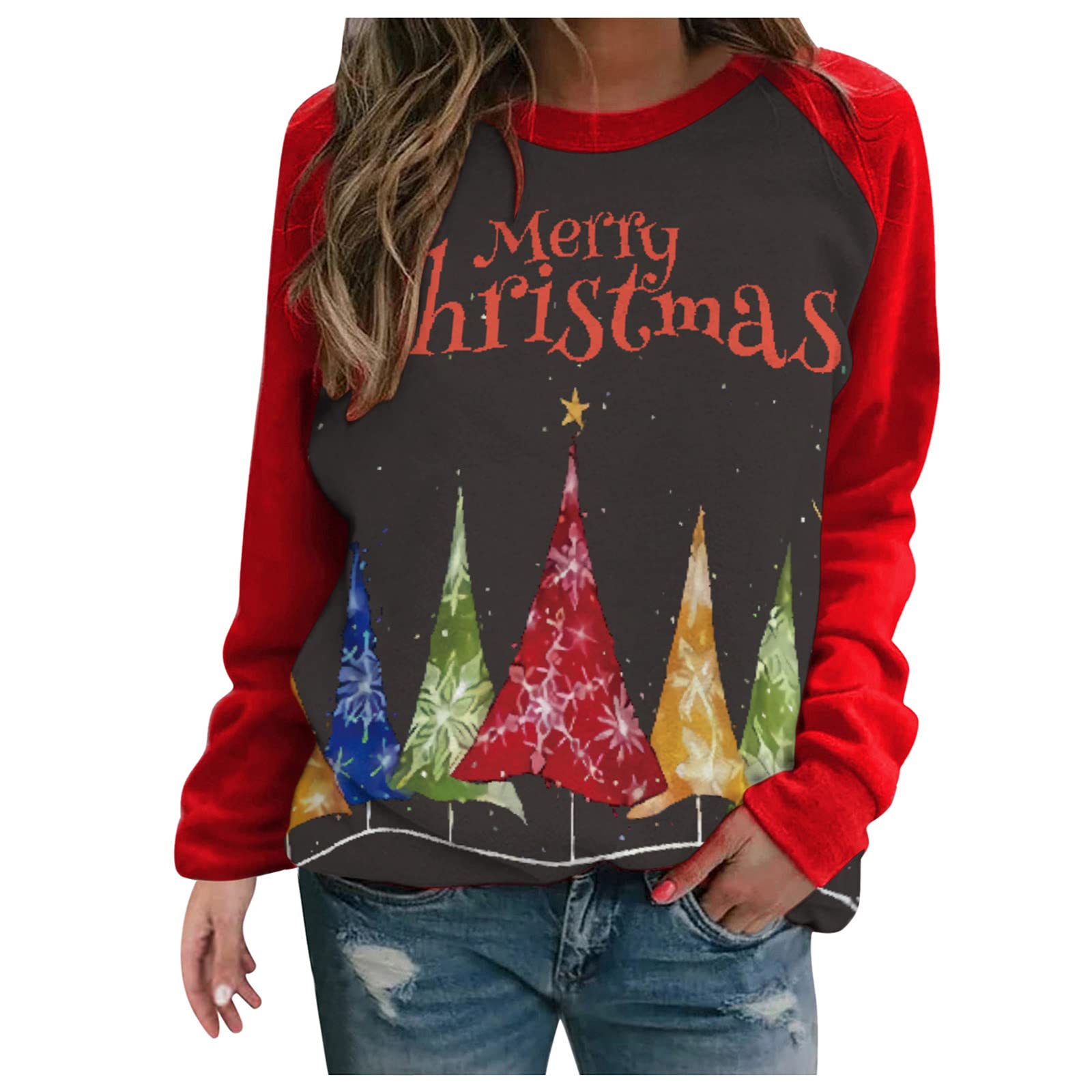 Women Hoodies Plus Size Cute Elk Pattern Blouse Large Size Slouchy Sweatshirt Relaxed Fit Workout Tops Fall Sweatshirt