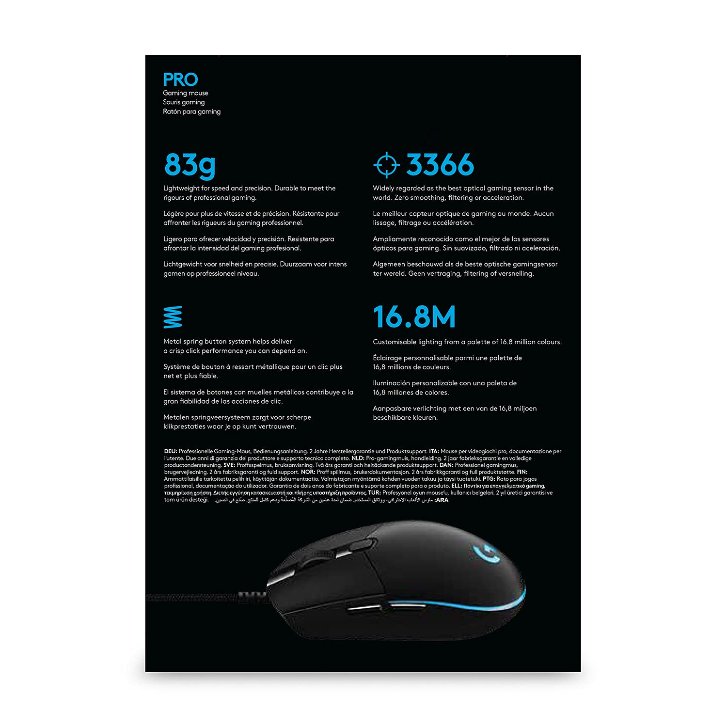 Logitech G PRO Wired Gaming Mouse, Hero 16K Sensor, 16000 DPI, RGB, Ultra Lightweight, 6 Programmable Buttons, On-Board Memory, Built for Esport, Compatible with PC/Mac - Black