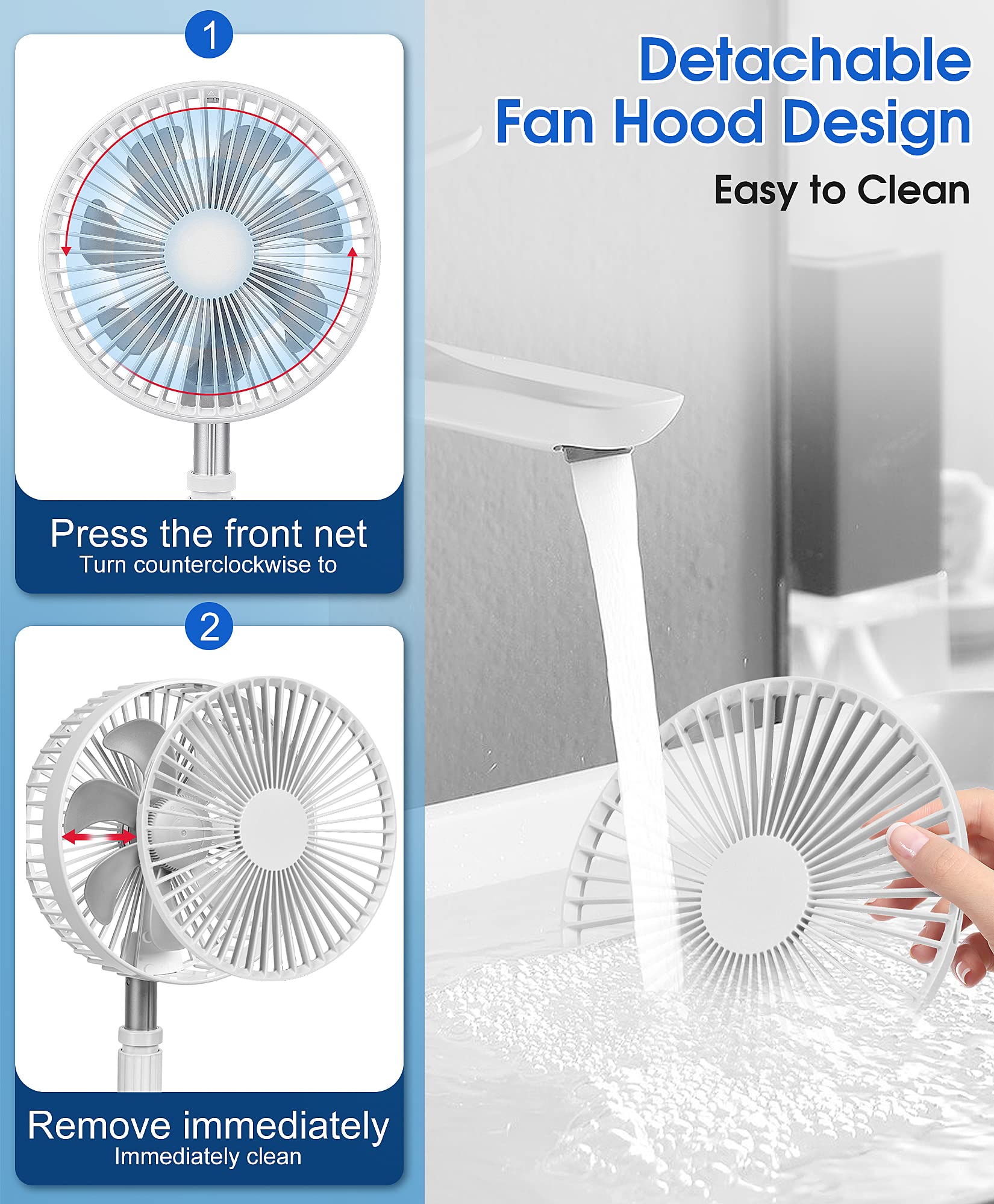 Oscillating Portable Standing Fan for Travel, 7200mAh Rechargeable Battery USB Powered Floor Table Fans, 8" Mini Quiet Folding Pedestal Fans with Remote Control for Personal Bedroom Office, White