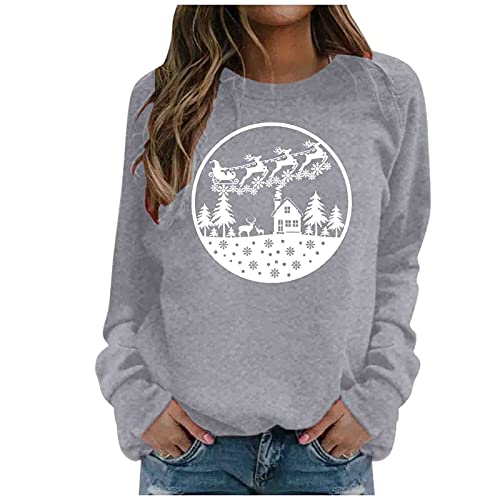 Women Hoodies Pullover Cute Elk Pattern Blouse Long Sleeve Festival Shirts Warm Breathable Tunic Tops Fall Sweatshirt Grey