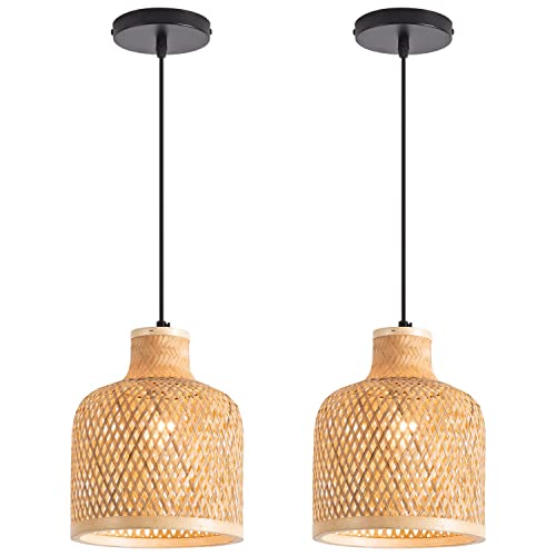 Modern Bamboo Woven Pendant Light Set of 2, Coastal Bamboo Wicker Dome Pendant Lighting Fixture for Kitchen Dining Room Living Room Foyer