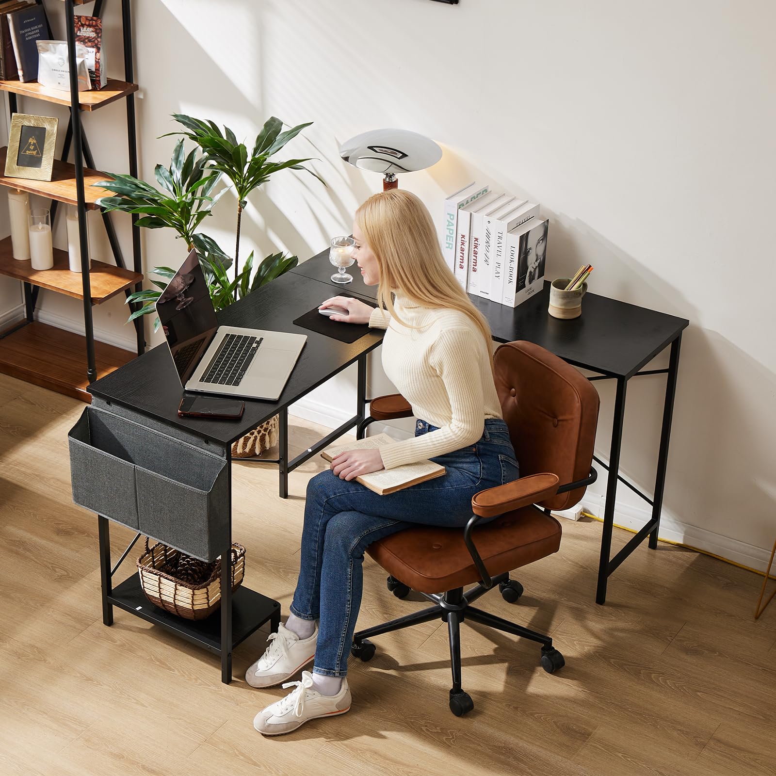 Sweetcrispy L Shaped Desk Gaming Computer 50 Inch Reversible Corner Table PC Work Table for Writing Study Student with Wood Tabletop Metal Frame CPU Stand Side Bag for Home Office Small Place, Black