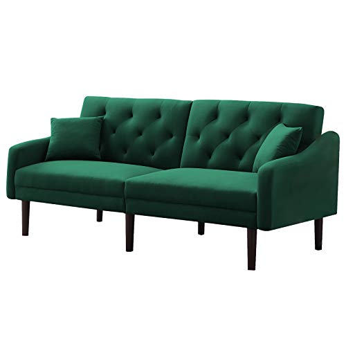 LoLado Futon Sofa Bed Convertible Sleeper Sofa Couch wit Armrests Modern Velvet Sofa Bed for Living Room Office Folding Recliner Futon Couch with Wood Legs (Green)