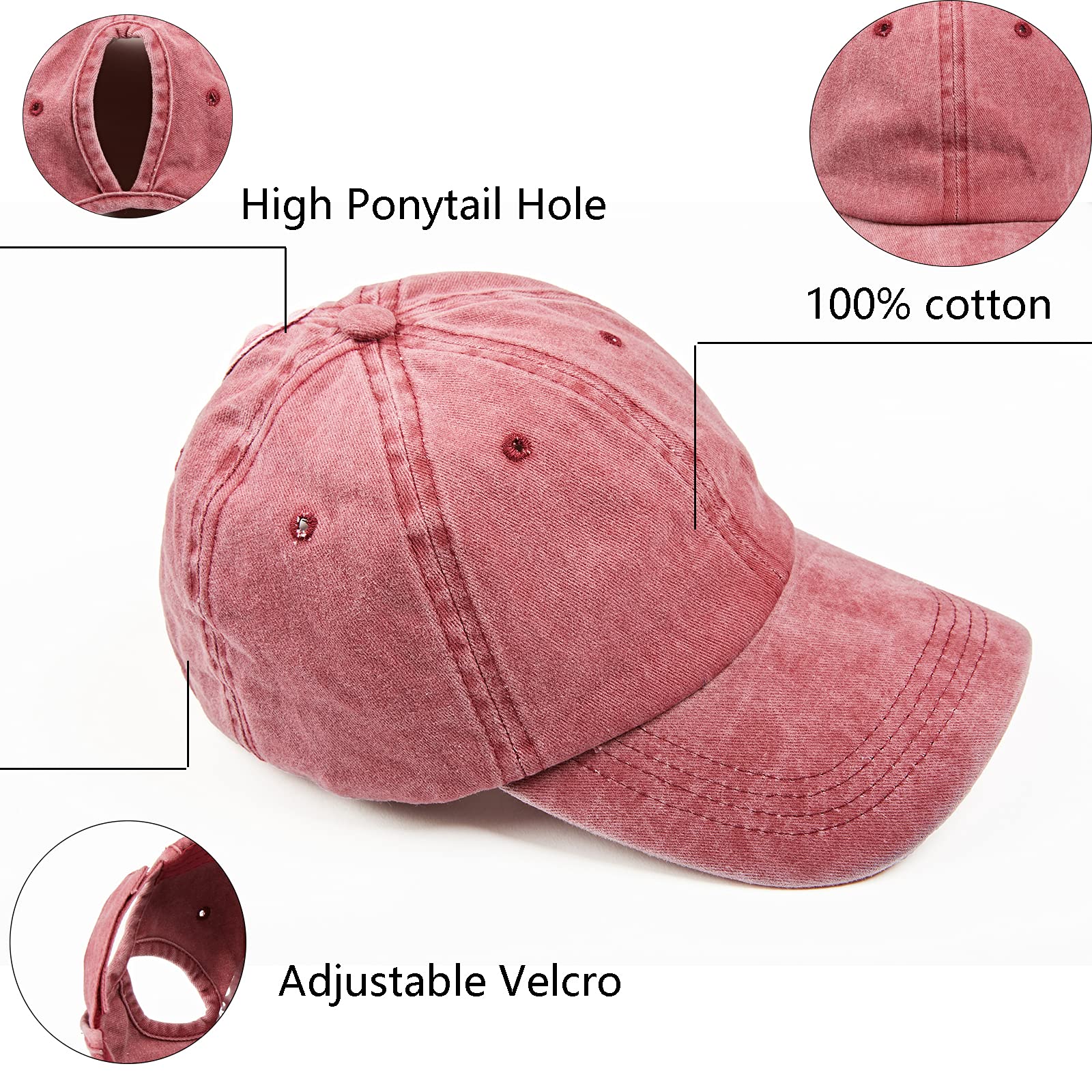 Leotruny Women Washed Cotton High Ponytail Baseball Cap (C21-2pcs Distressed Black+Grey)