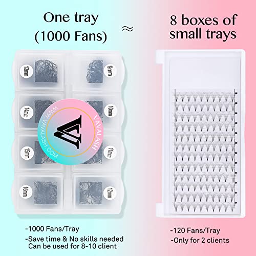 VAVALASH 1000 Fans Premade Fans Eyelash Extensions 9-16mm Mixed Length Premade lash Fans 5D 8D 10D 14D Handmade Promade Loose Fans Thin Base Premade Volume Lash Extension(10D-0.07-D-9-16mm)