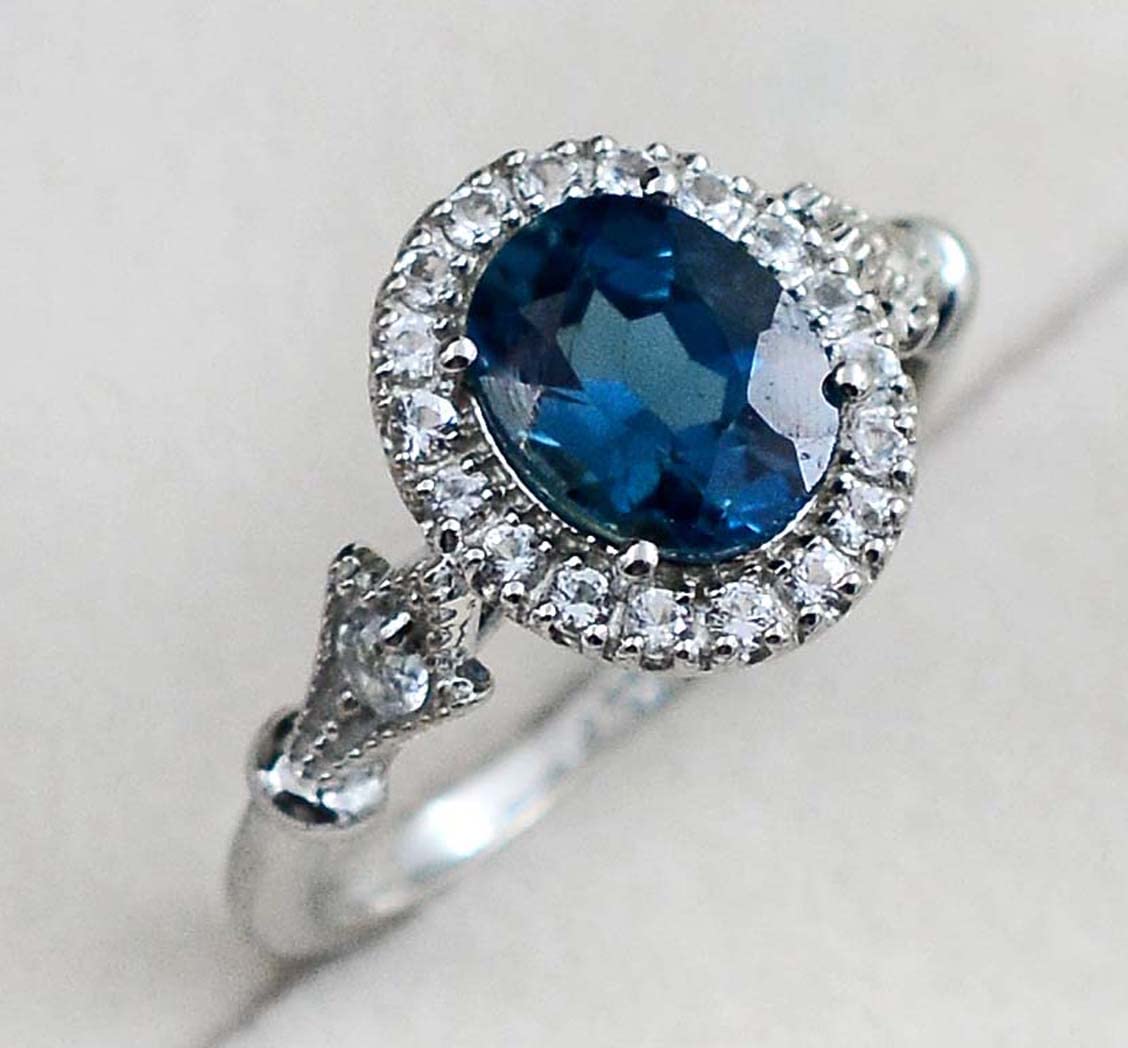 Natural 9X7 MM London Blue Topaz Gemstone Oval Cut 925 Sterling Silver December Birthstone Statement Ring For Engagement Gift (Rhodium Plated Silver, 8.5)