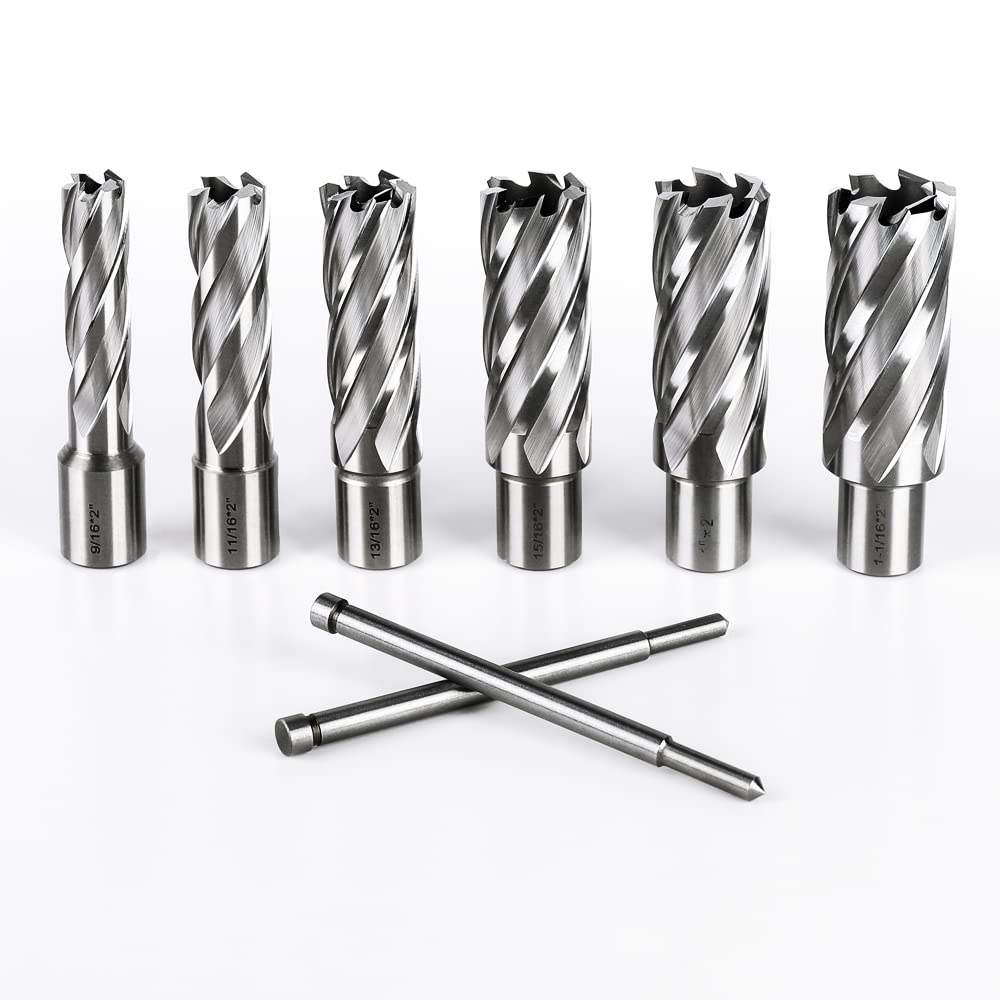 OSCARBIDE Annular Cutter Set 8 Pieces, 3/4"Weldon Shank,2"Cutting Depth,(9/16,11/16,13/16,15/16,1,1-1/16) inch Cutting Diameter,Mag Drill Bits for Magnetic Drill Press with 2pcs Pilot Pins