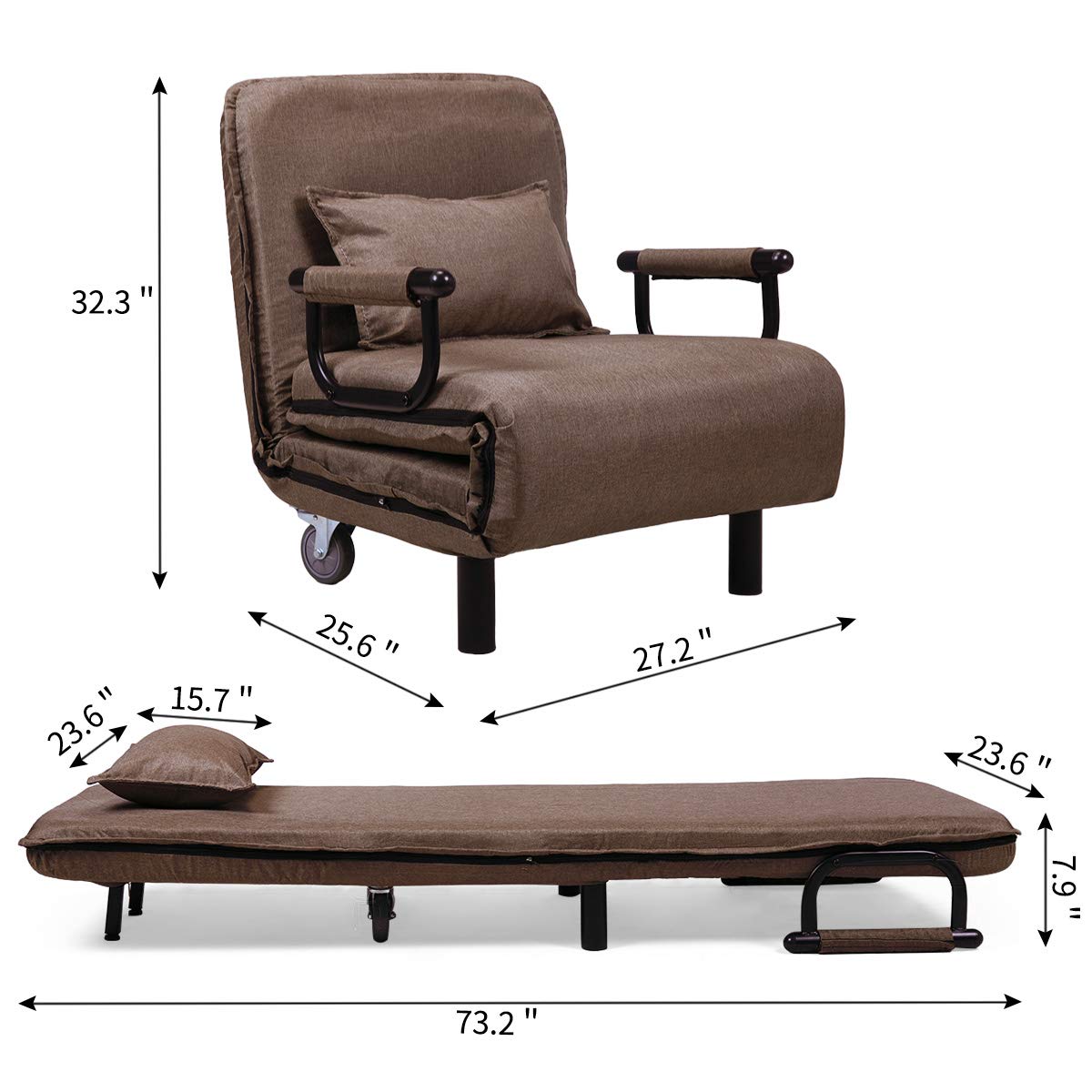 JAXPETY Sofa Bed Folding Arm Chair Convertible Sleeper Chair, Leisure Recliner Lounge Couch with Pillow and 5 Position Adjustable Backrest for Home Office