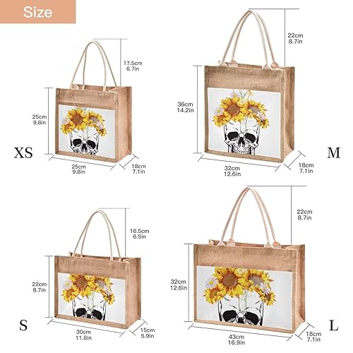 Jute Burlap Tote Skull Daisy Floral Flowers Sunflowers Halloween Autumn Large Beach Bag Reusable Grocery Shopping Storage Bag
