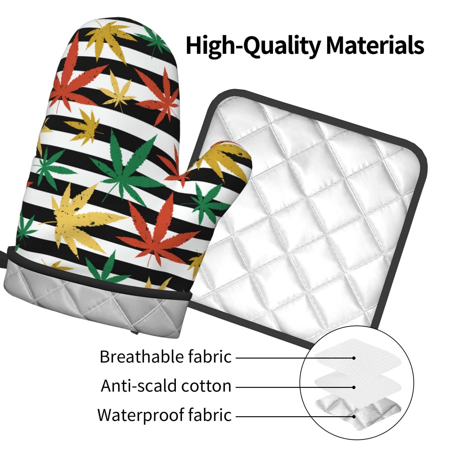 Oven Mitts and Pot Holders Sets Colorful Weed Oven Gloves Heat Resistant Potholders Washable Non-Slip BBQ Gloves with Hanging Loop for Women Men Kitchen Baking Cooking Grilling