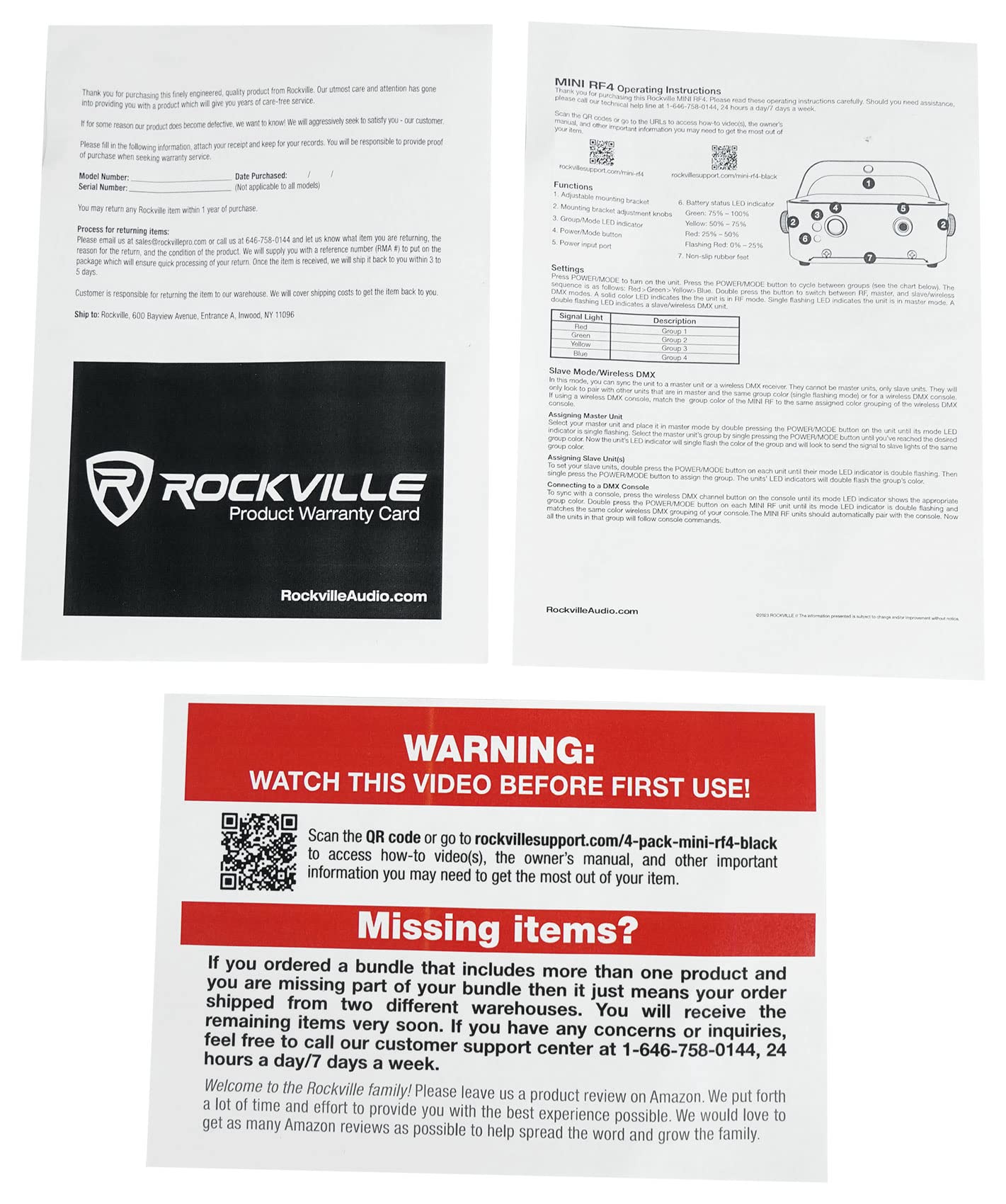 Rockville 4 Pack Mini RF4 Black DJ/Party Wash Up Lights+Bag+RF Remotes+Wireless DMX