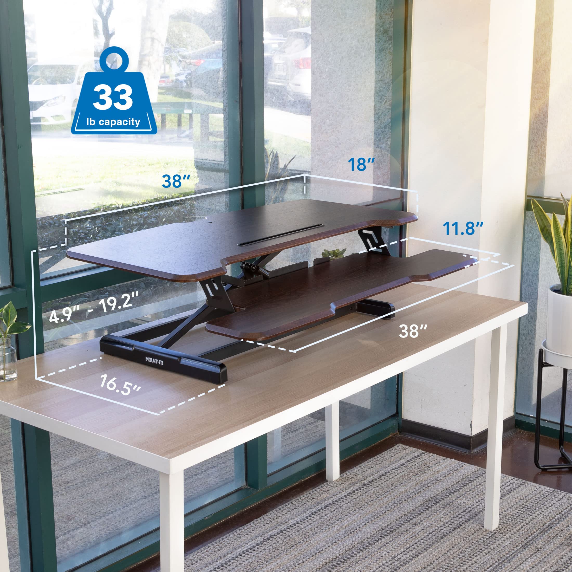 Mount-It! Height Adjustable Desk Converter, 38β Wide Tabletop Standing Desk Riser with Gas Spring Desktop Standing Desk with Keyboard Tray Fits Two Monitors, Dark Walnut