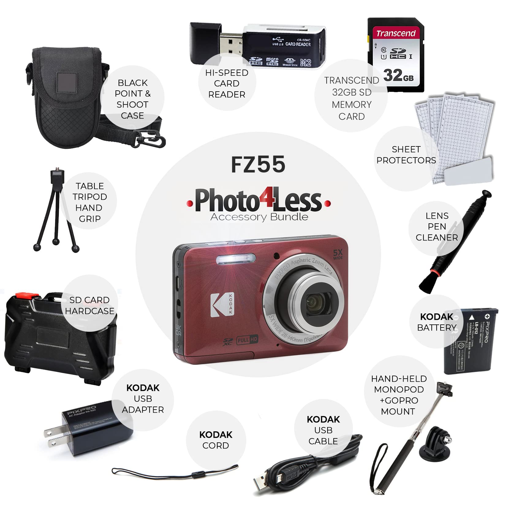 Kodak PIXPRO FZ55 Digital Camera (Red) + 32GB Memory Card + Point and Shoot Camera Case + Extendable Monopod + Lens Cleaning Pen + LCD Screen Protectors + Table Top Tripod β Ultimate Bundle
