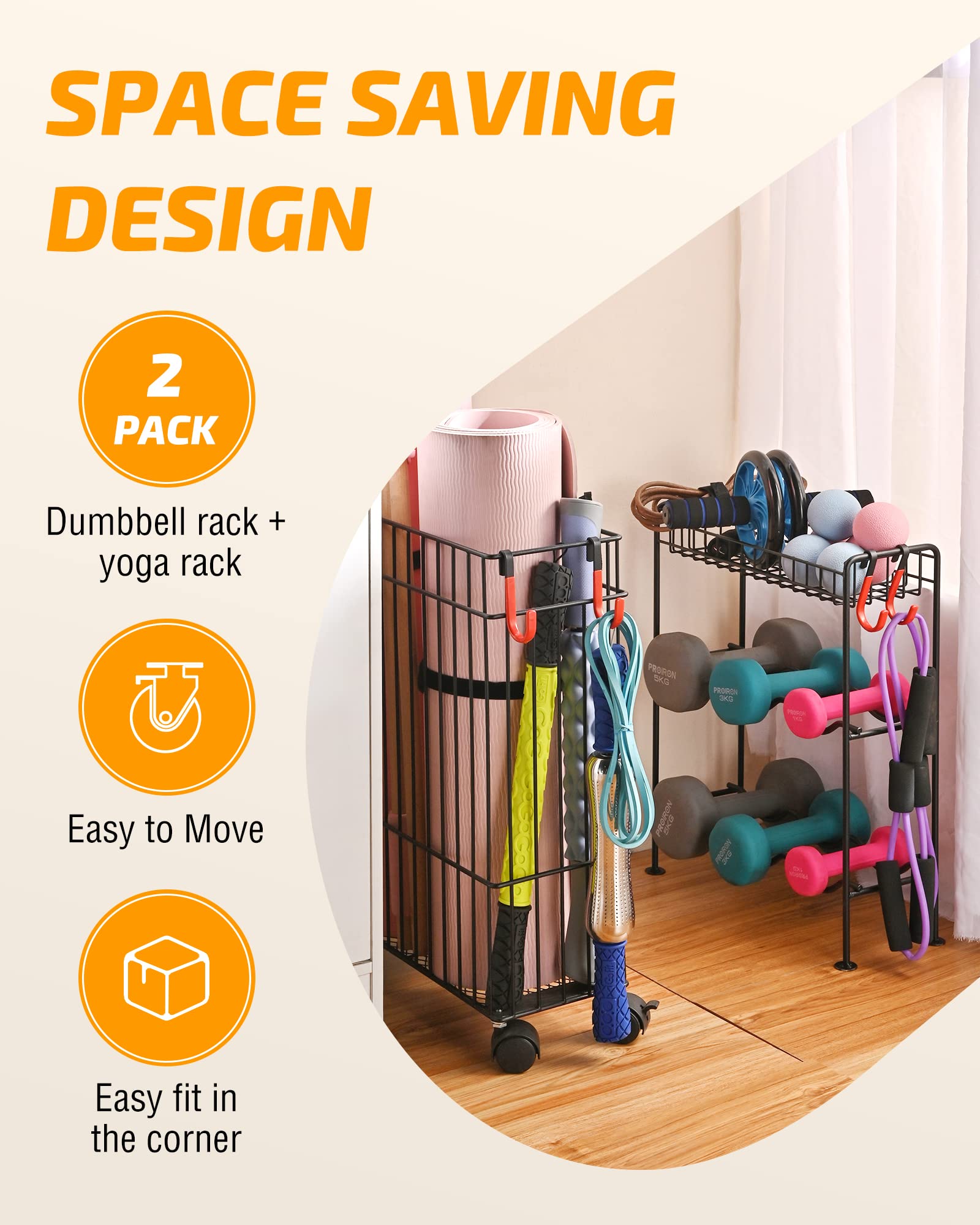 PLKOW Home Gym Storage Yoga Mat Holder Dumbbell Rack for Small Dumbbells Kettl-Bells Foam Roller and Resistance Bands, Workout Equipment Storage Organizer with Wheels and Hooks, 2-Pack, Black