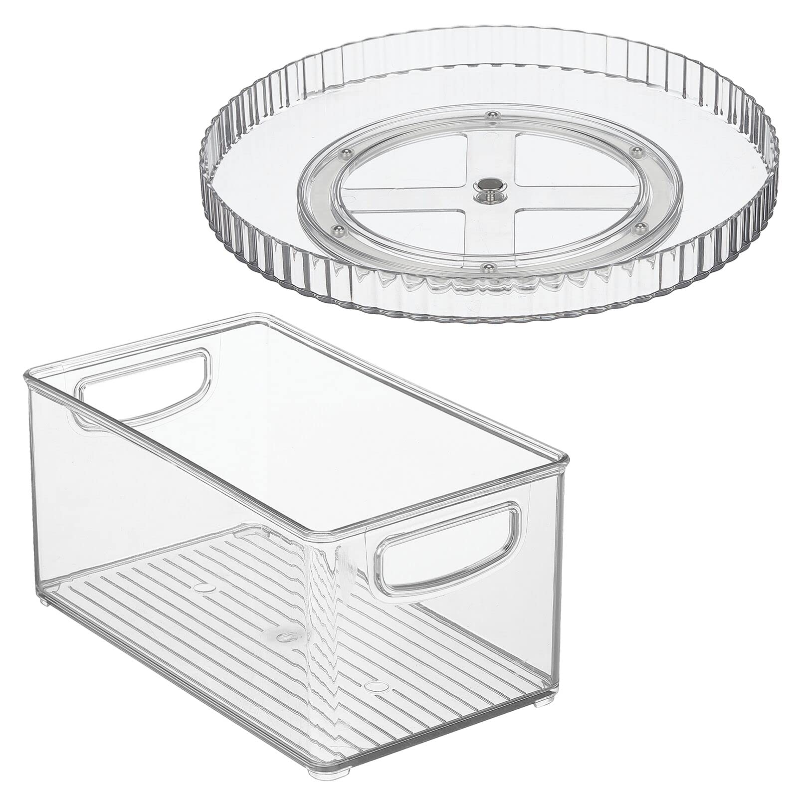 mDesign Plastic Stackable Bin with Handles and 11.5" Round Fluted Lazy Susan Turntable Plastic Spinner Combo Set for Organization in Bathroom, Closet, Cabinet, or Vanity Countertop - Set of 2 - Clear