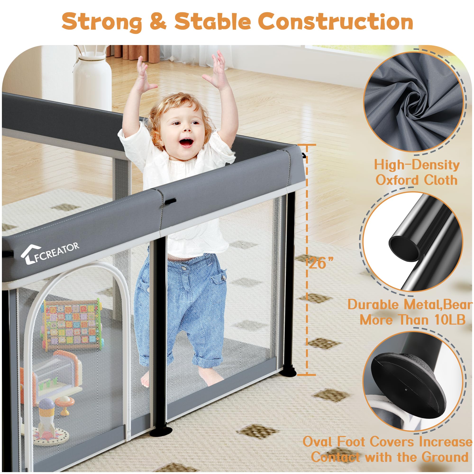 LFCREATOR Foldable Baby Playpen, Playpen for Babies and Toddlers Indoor & Outdoor,Baby Activity Center with Visible Breathable Mesh,50”×50”(Grey)