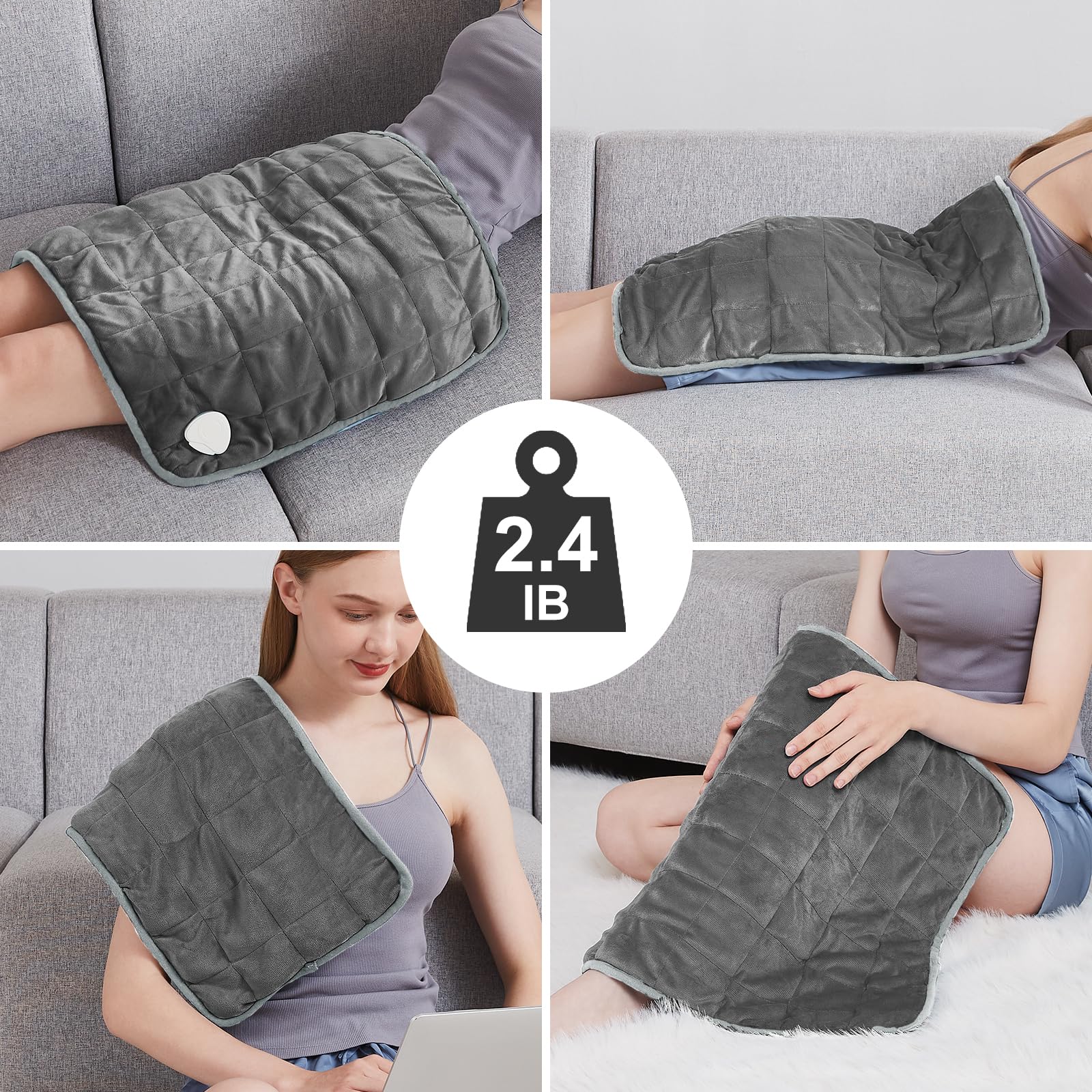 JKMAX Weighted Heating Pad XL - 2.4lb Electric Heating Pads for Back Pain Relief Cramps with 10 Heating Settings|6 Auto Shut Off - Fast Heat Dry & Moist Therapy Options 12x24 Heat Pad Washable (Grey)