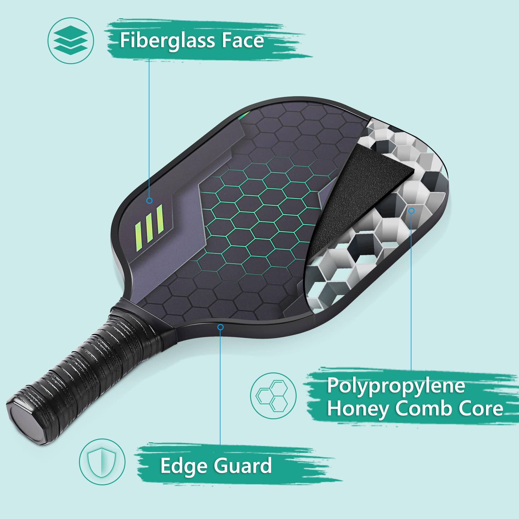 Plohee Pickleball Paddles, Pickleball Set, with 9 Pickleball Balls and 1 Pickleball Bag,Fiberglass Surface, Polypropylene Honeycomb Core, Lightweight Pickleball Paddle (4paddles, Black)