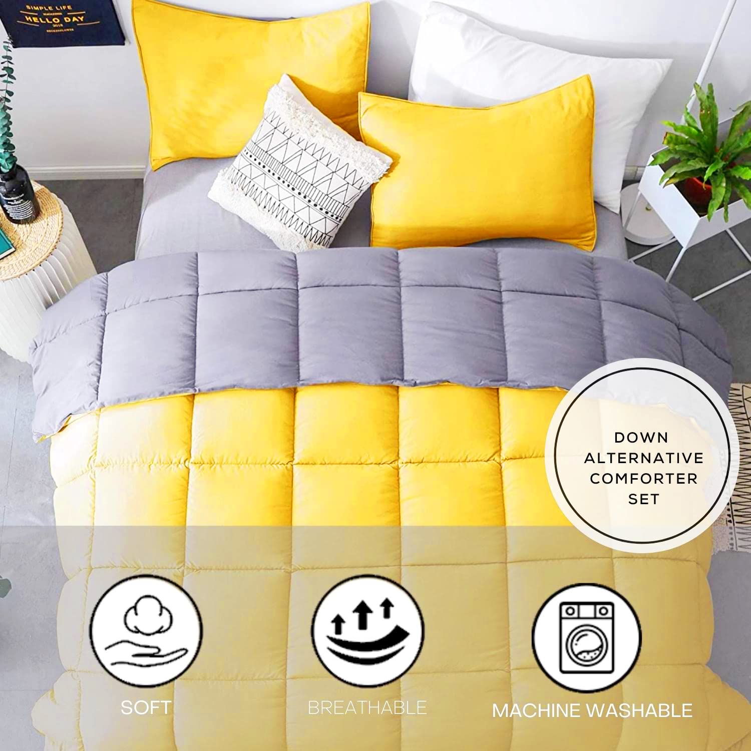 KASENTEX All Season Down Alternative Comforter with 2 Pillow Shams, California King, 96 by 106 Inches, Yellow/Gray, 3 Piece Set