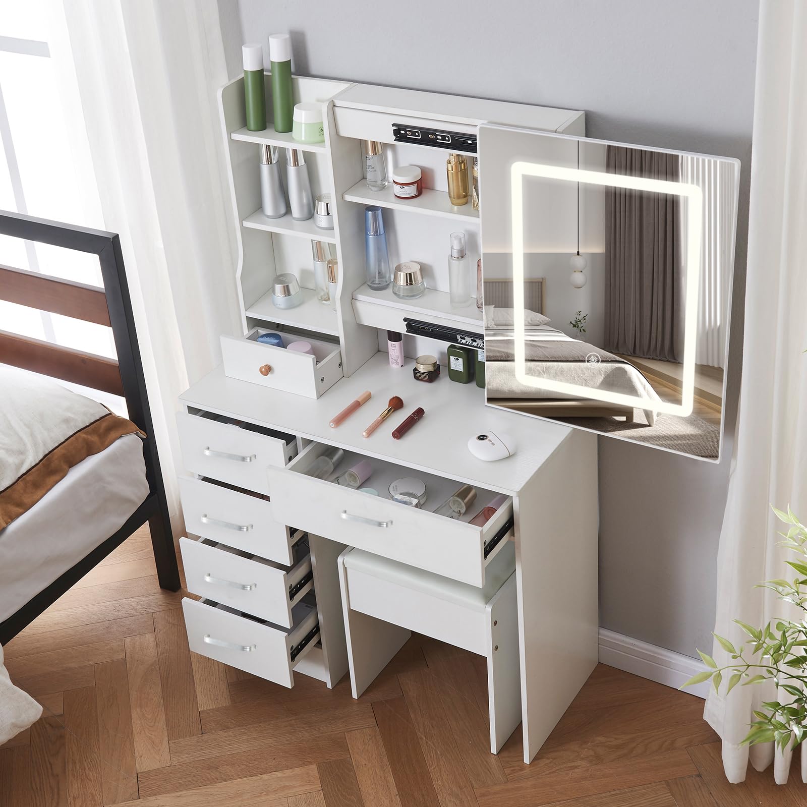 Jarbalai Vanity Desk with Lights, Vanity Table with Lights and Mirror, Makeup Table with 10 LED Lighted Mirror, Dressing Table with 5 Drawers, Makeup Vanity Dresser for Girls Bedroom, White