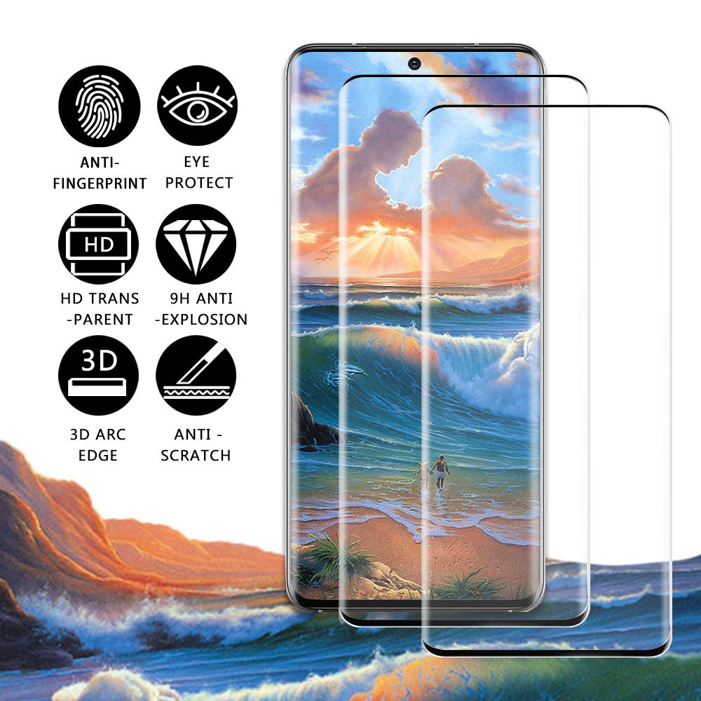 LETANG [2+2 Pack ] Galaxy S20 Ultra Screen Protector Tempered Glass, with 2 Pack Camera Lens Protector, 9H Hardness, Support Fingerprint, 3D Curved Glass Film