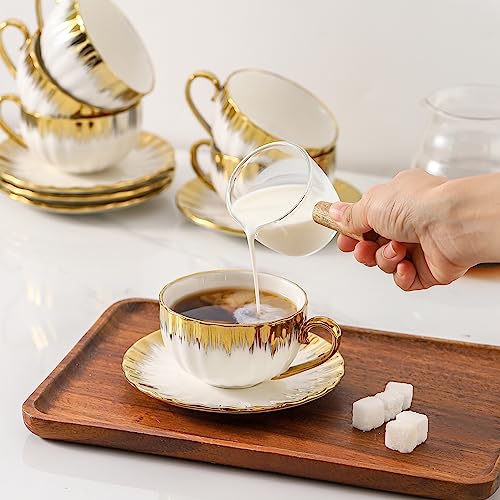 LETAOTAO Cappuccino Cups with Saucers, Ceramic Coffee Cup with Gold Trim, 6 oz for Double Espresso, Latte, Cafe Mocha, Tea,Set of 6,White