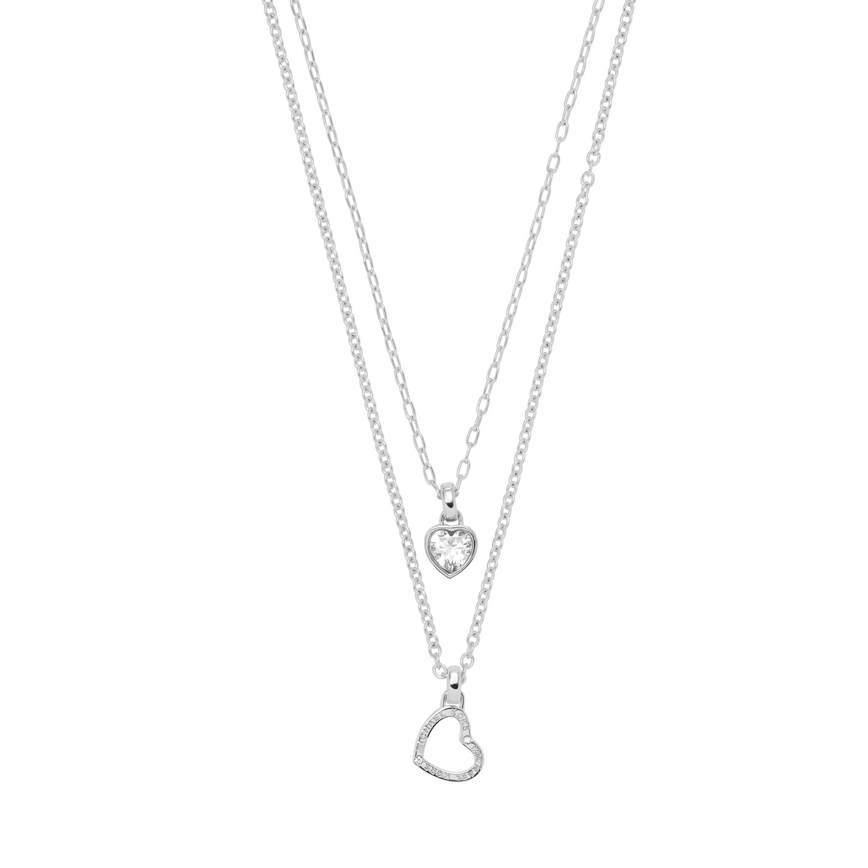 Michael Kors Brass and Cubic Zirconia Layered Heart Necklace for Women, Color: Silver (Model: MKJ7802040)