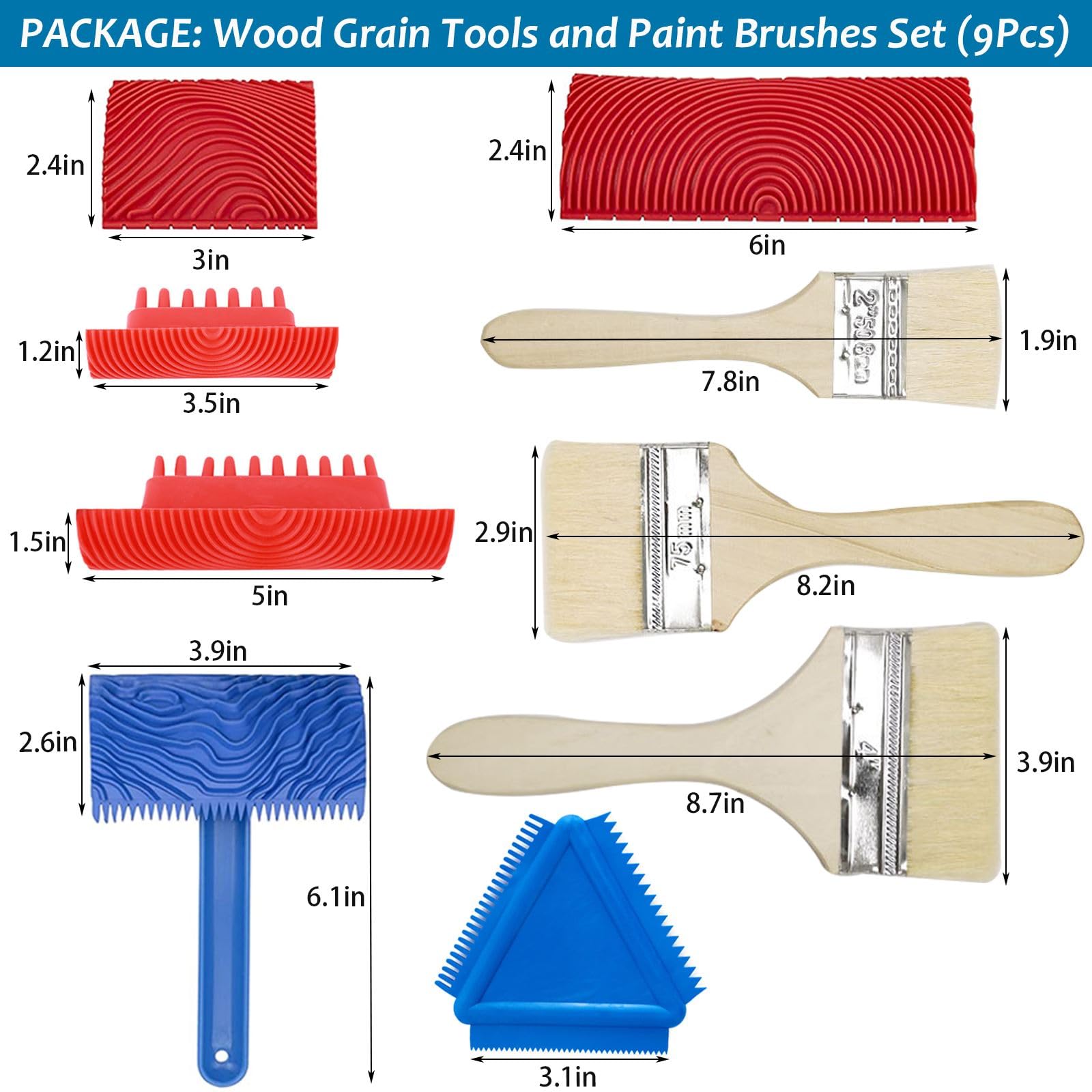 Wood Grain Tool, 9pcs Fake Wood Grain Roller Paint Brushes Rubber Graining Tool Paint Look Like Wood DIY Painting Tools for Walls Floors Room Decoration