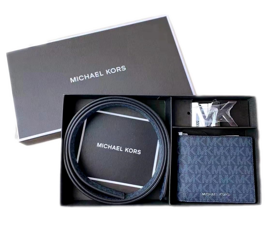 Michael Kors Mens Logo Belt and Billfold 3 in 1 Wallet Gift Box Set (Admiral)